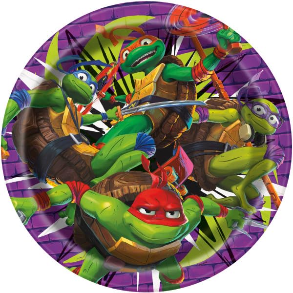 TMNT Teenage Mutant Ninja Turtles Birthday Party Supplies Bundle includes 16 Plates, 16 Napkins, 1 Table Cover, 16 Loot Bags, 16 Paper Masks, 8 Sticker Sheets, 1 Dinosaur Sticker Sheet