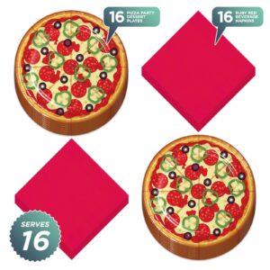 Pizza Party Round Paper Dessert Cake Plates and Beverage Napkins (Serves 16) - Pizza Party Celebration Theme Paper Tableware