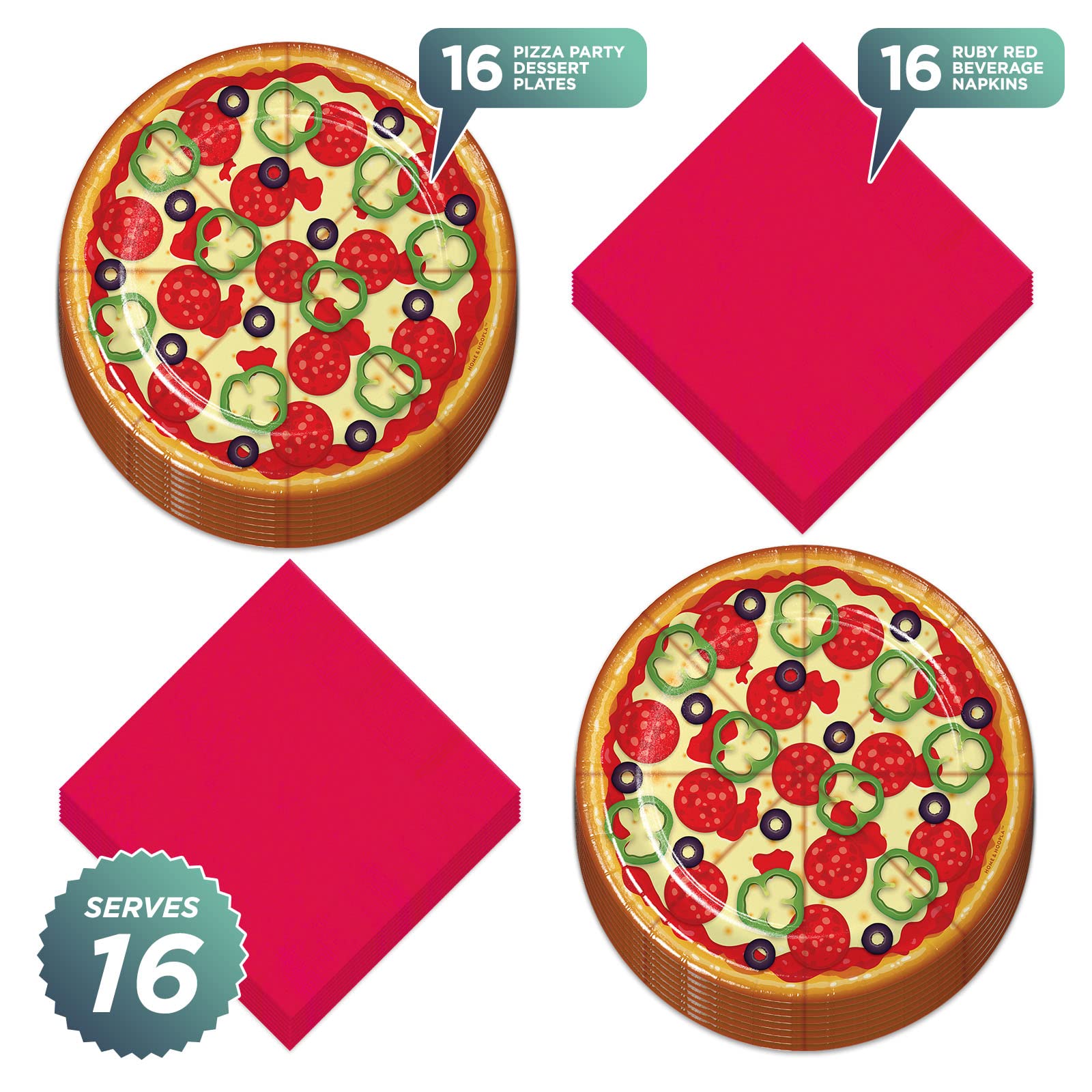 Pizza Party Round Paper Dessert Cake Plates and Beverage Napkins (Serves 16) - Pizza Party Celebration Theme Paper Tableware