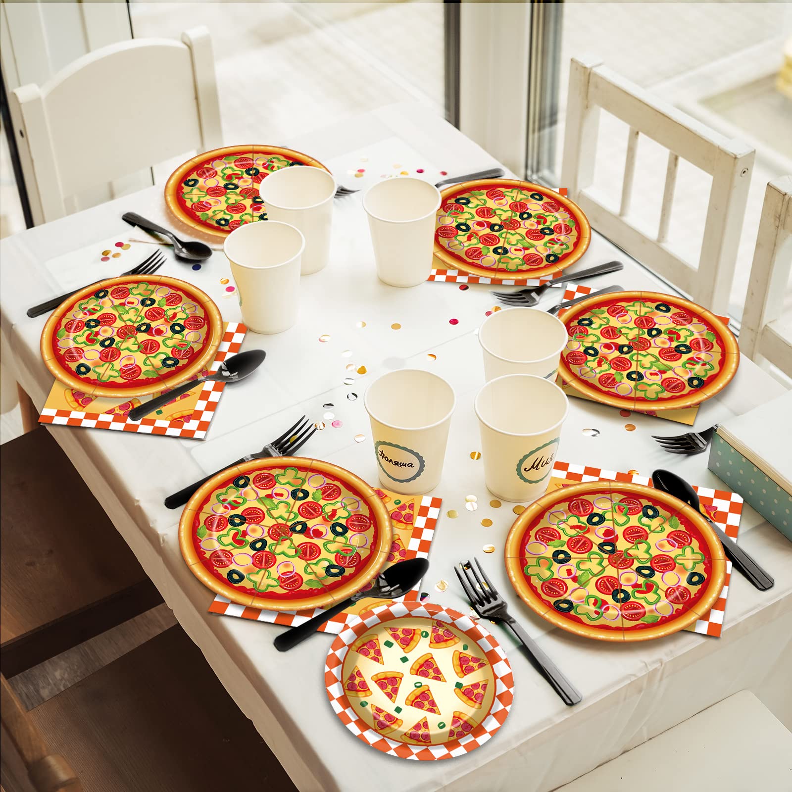 Pizza Party Supplies Tableware Set for 24 Guests Pizza Birthday Party Paper Plates Napkins Decorations for Kids Boys Girls Baby Shower