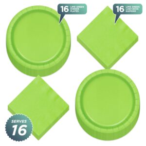 Solid Lime Green Paper Dinner Plates and Luncheon Napkins, Green Party Supplies and Table Decorations (Serves 16)