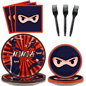 tevxj 96pcs ninja tableware set ninja master dinnerware disposable dessert plates karate theme party plates napkins forks for ninja warrior birthday party decorations supplies 24 guests