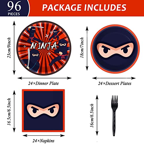 Tevxj 96PCS Ninja Tableware Set Ninja Master Dinnerware Disposable Dessert Plates Karate Theme Party Plates Napkins Forks for Ninja Warrior Birthday Party Decorations Supplies 24 guests