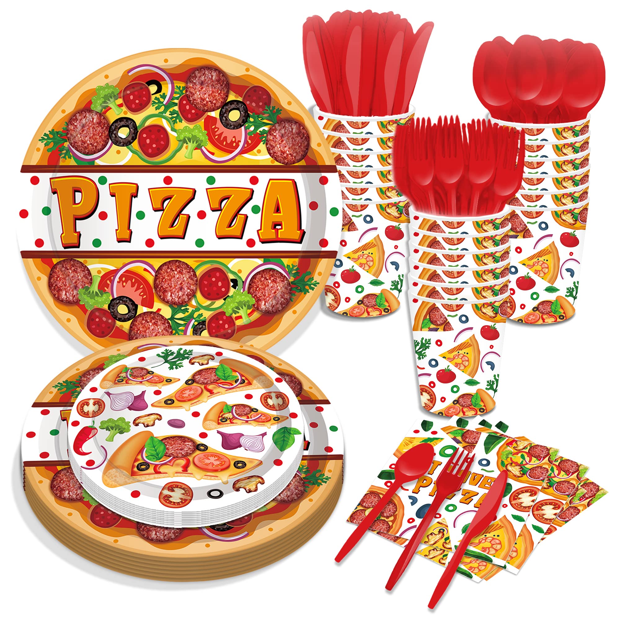 CC HOME Pizza Party Themed Party Supplies Pack Pizza Party Decorations Party Pack- Serves 16 - Includes Pizza Party Plates Cups Napkins