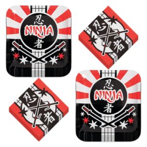 home & hoopla ninja warrior party square paper dinner plates and lunch napkins (serves 16)