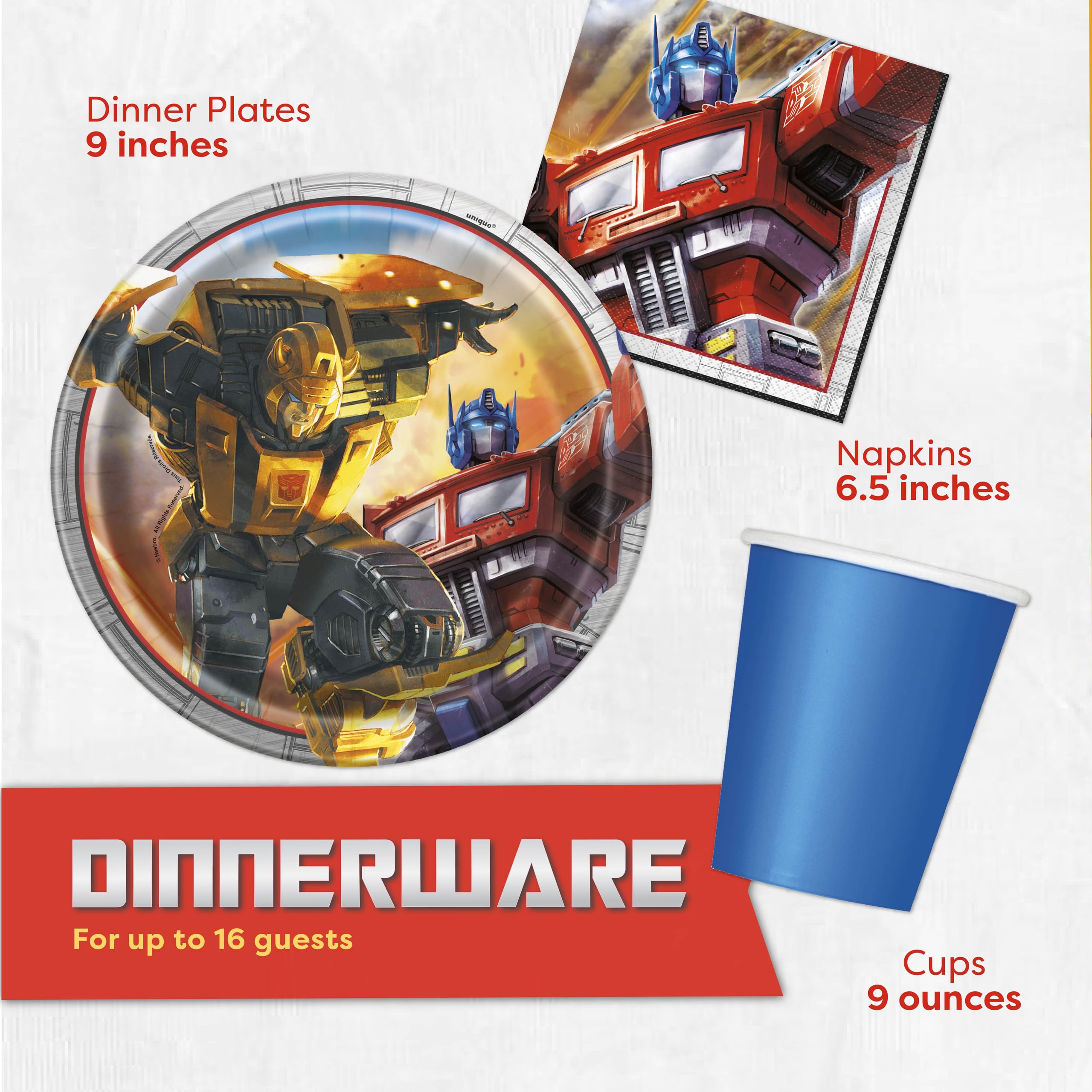 Transformers Birthday Party Supplies | Serves 16 | Transformers Party Supplies | Transformer Tablecover, Plates, Napkins, Cups, Tattoo Party Favors, Button