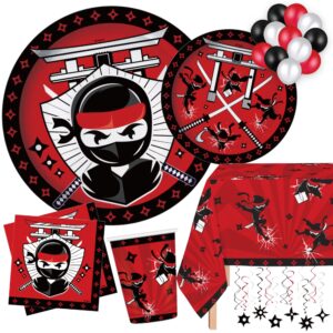 serve 24 ninja theme party supplies includes plates,napkins,table cover, happy birthday banner, ideal for ninja birthday theme party decor