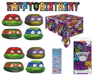 teenage mutant ninja turtles tmnt birthday party supplies decoration bundle includes 1 table cover, happy birthday banner decoration, 8 paper masks, 1 dinosaur sticker sheet