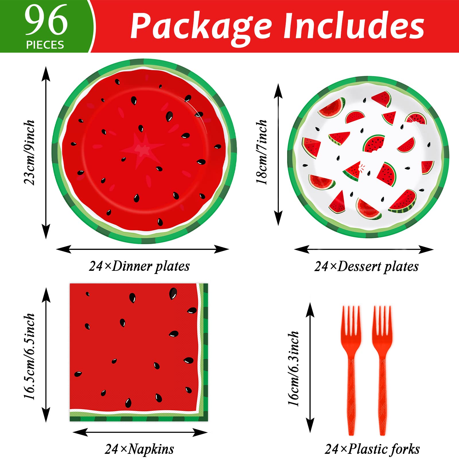 gisgfim 96 Pcs Watermelon Party Supplies Paper Plates Napkins Watermelon Tableware Set Watermelon Party Decorations Favors for Children's Melon Birthday Baby Shower Serves 24