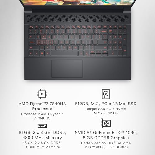 Dell G15 5535 Gaming Laptop - 15.6-inch FHD (1920x1080) 165Hz 3ms Display, AMD Ryzen 7-7840HS Processor, 16 GB DDR5 RAM, 512 GB SSD, NVIDIA GeForce RTX 4060, Windows 11 Home - Dark Shadow Gray