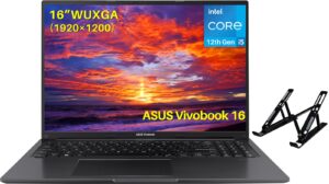 asus 2023 newest vivobook 16 laptop, 16” wuxga (1920x1200) 16:10 laptop, intel core i5-1235u cpu, 8gb ram, 512gb ssd, intel uhd graphics, wi-fi, business & student, windows 11 home, with laptop stand