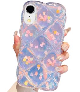 qokey for iphone xr case 6.1",cute laser gradual bling love heart glitter clear+translucent card soft wave frame anti-falling 3d thick shockproof phone cover for women(for xr 6.1")