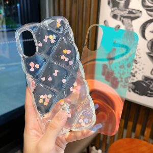 Qokey for iPhone XR Case 6.1",Cute Laser Gradual Bling Love Heart Glitter Clear+Translucent Card Soft Wave Frame Anti-Falling 3D Thick Shockproof Phone Cover for Women(for XR 6.1")