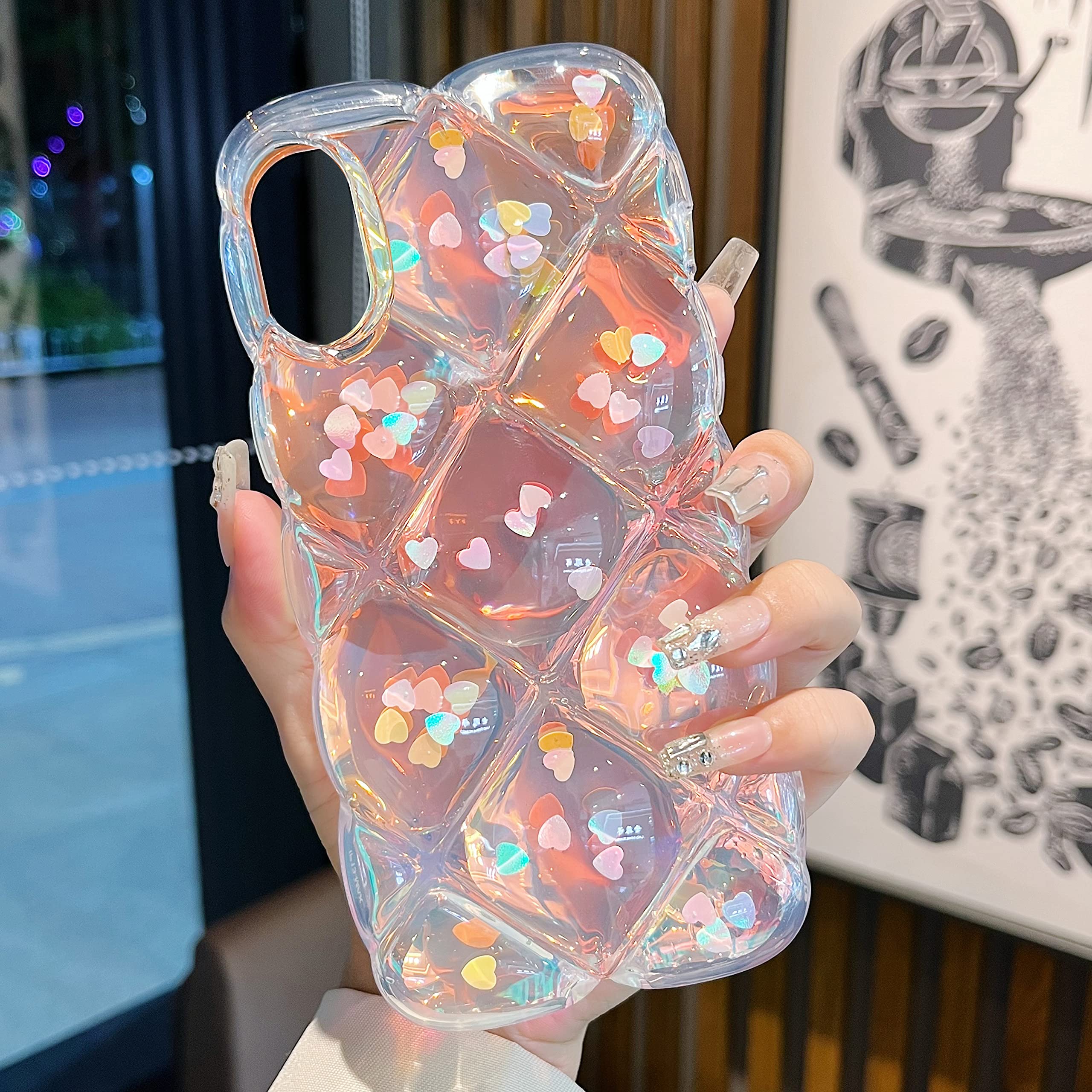 Qokey for iPhone XR Case 6.1",Cute Laser Gradual Bling Love Heart Glitter Clear+Translucent Card Soft Wave Frame Anti-Falling 3D Thick Shockproof Phone Cover for Women(for XR 6.1")