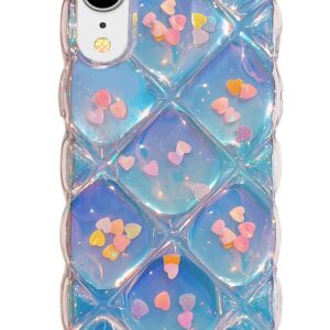 Qokey for iPhone XR Case 6.1",Cute Laser Gradual Bling Love Heart Glitter Clear+Translucent Card Soft Wave Frame Anti-Falling 3D Thick Shockproof Phone Cover for Women(for XR 6.1")