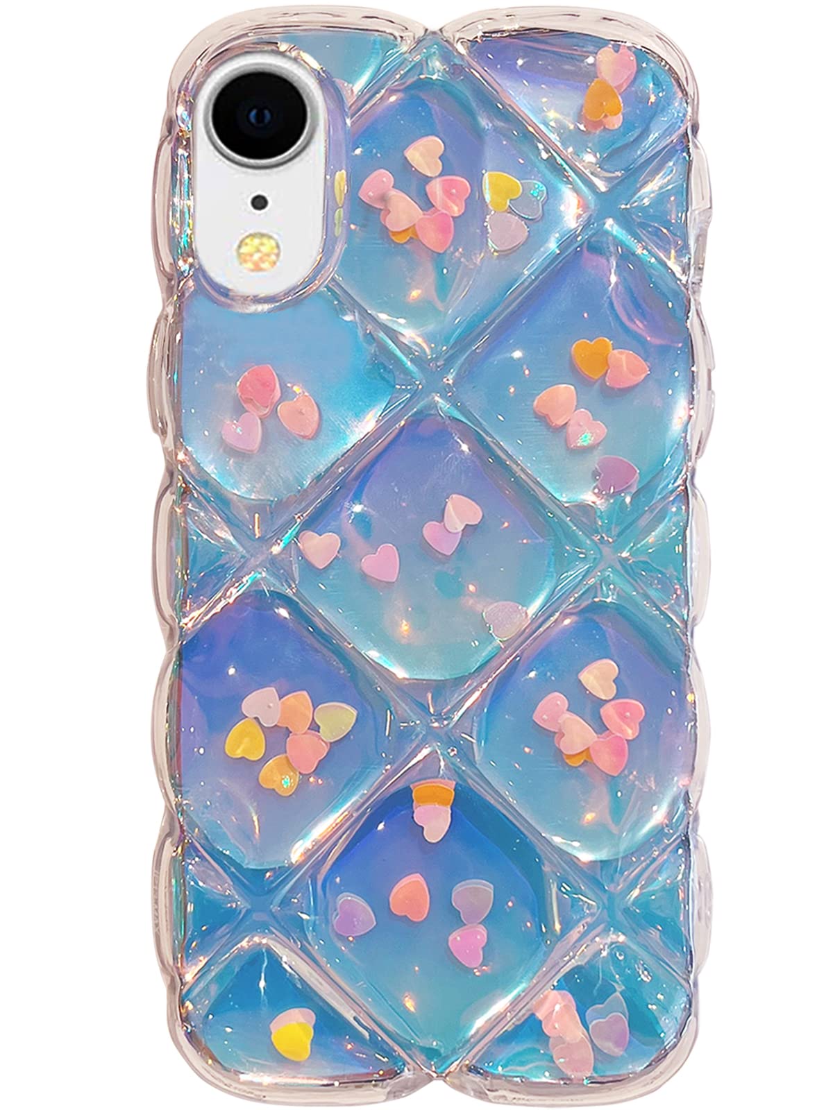 Qokey for iPhone XR Case 6.1",Cute Laser Gradual Bling Love Heart Glitter Clear+Translucent Card Soft Wave Frame Anti-Falling 3D Thick Shockproof Phone Cover for Women(for XR 6.1")