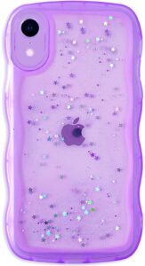 qokey for iphone xr case 6.1 inch curly wave edge design transparent bling glitter star shiny case cute clear transparent full protection soft tpu shockproof phone cover for women girls,purple