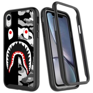 gugu6ji street fashion cool camo black gray shark design compatible with iphone xr case for boys luxury shockproof rugged cover dual layer soft tpu + hard pc bumper full-body protective case