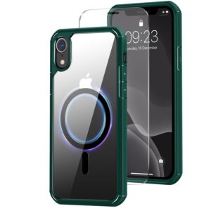 amizee magnetic case compatible with iphone xr case [compatible with magsafe] with screen protector clear back shockproof protective phone case (green)