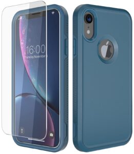 diverbox for iphone xr case [tempered glass screen protector] [shockproof] [dropproof] heavy duty protection phone case cover for apple iphone xr blue