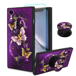 sakuulo for iphone xr case,[screen protector + kickstand] square cute purple butterfly print design soft tpu edge protection shock absorption slim hard pc case for iphone xr 6.1 inch