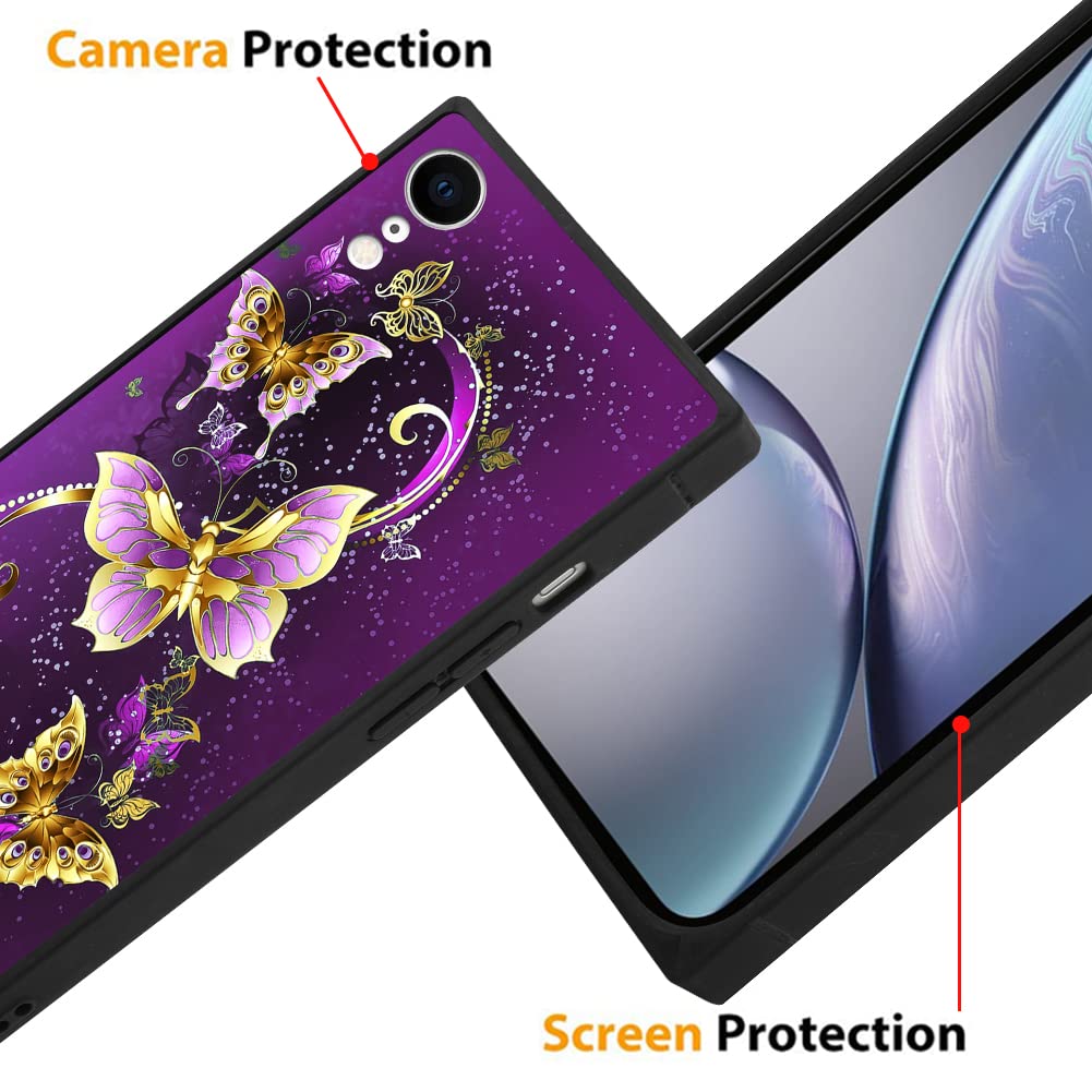 SAKUULO for iPhone XR Case,[Screen Protector + Kickstand] Square Cute Purple Butterfly Print Design Soft TPU Edge Protection Shock Absorption Slim Hard PC Case for iPhone XR 6.1 Inch