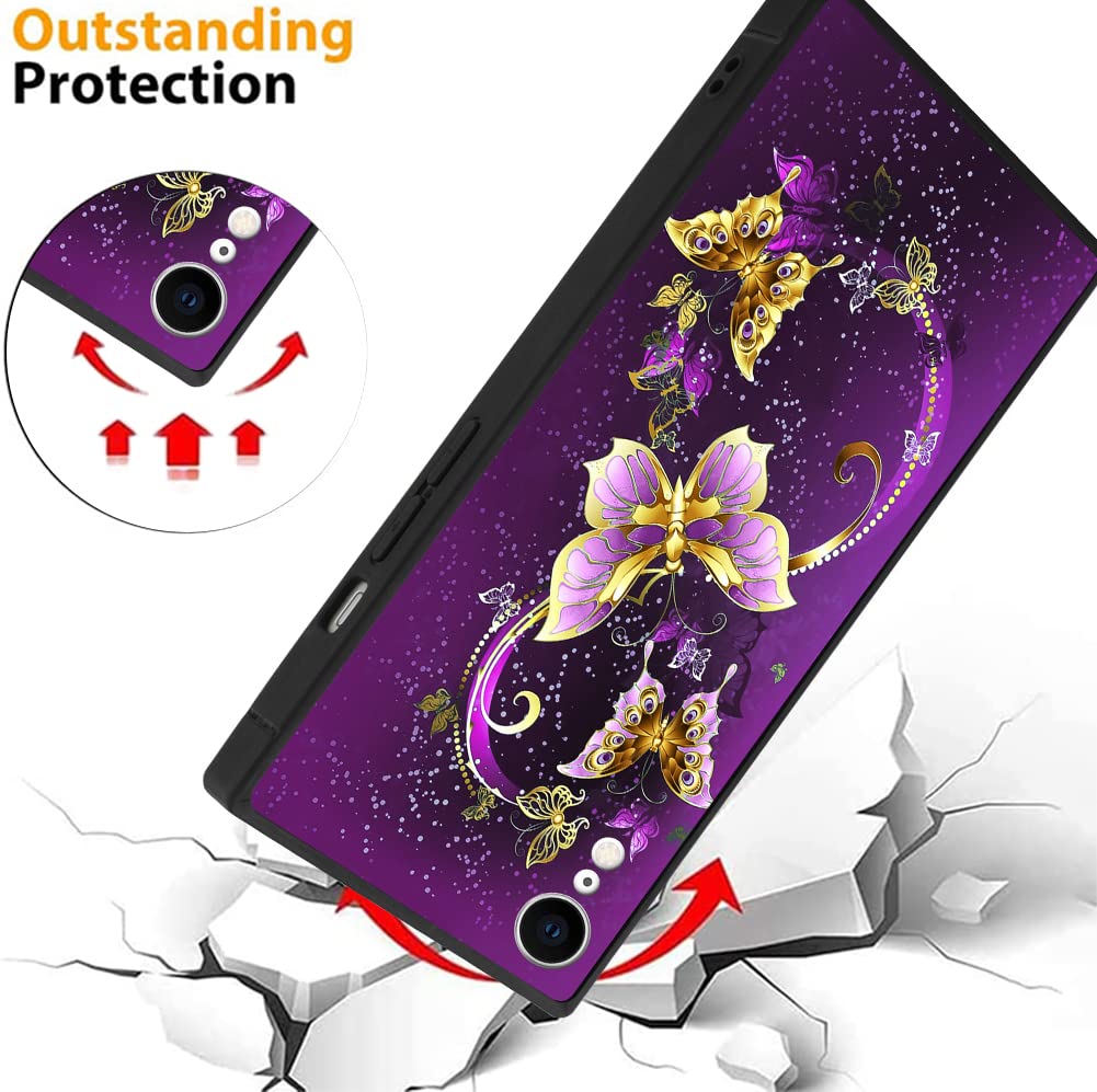 SAKUULO for iPhone XR Case,[Screen Protector + Kickstand] Square Cute Purple Butterfly Print Design Soft TPU Edge Protection Shock Absorption Slim Hard PC Case for iPhone XR 6.1 Inch