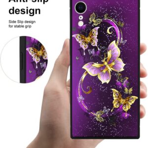 SAKUULO for iPhone XR Case,[Screen Protector + Kickstand] Square Cute Purple Butterfly Print Design Soft TPU Edge Protection Shock Absorption Slim Hard PC Case for iPhone XR 6.1 Inch