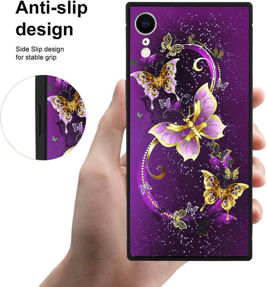 SAKUULO for iPhone XR Case,[Screen Protector + Kickstand] Square Cute Purple Butterfly Print Design Soft TPU Edge Protection Shock Absorption Slim Hard PC Case for iPhone XR 6.1 Inch