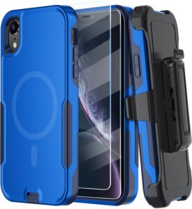 conwoe for iphone xr case with belt-clip holster[2pcs glass screen protector] [dual layer military grade protection] [support magsafe] shockproof phone case for iphone xr 6.1 inch (dark blue)