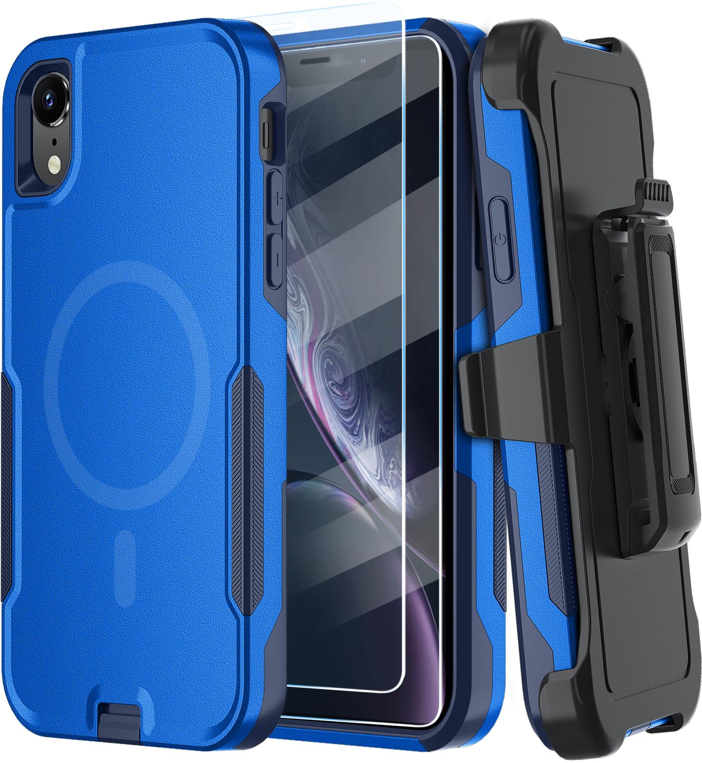 CONWOE for iPhone XR Case with Belt-Clip Holster[2Pcs Glass Screen Protector] [Dual Layer Military Grade Protection] [Support Magsafe] Shockproof Phone Case for iPhone XR 6.1 Inch (dark blue)