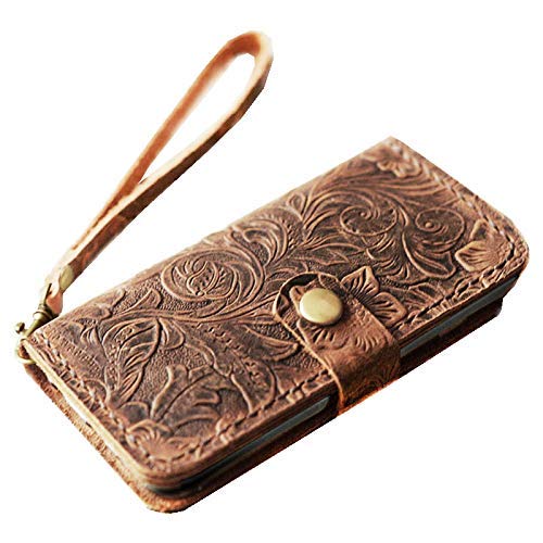 Leather iPhone X/XS/XR/XS MAX wallet Case Handmade Wristlet iPhone XS/XR/XS MAX Cover Tooled Flower Brown