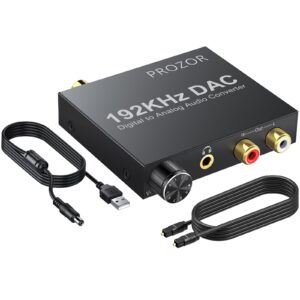 prozor 192khz digital to analog audio converter - upgrade volume adjustable optical to rca converter with optical & usb power cable, digital dac converter spdif toslink to stereo l/r & 3.5mm jack