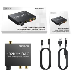 PROZOR 192KHz Digital to Analog Audio Converter - Upgrade Volume Adjustable Optical to RCA Converter with Optical & USB Power Cable, Digital DAC Converter SPDIF TOSLINK to Stereo L/R & 3.5mm Jack