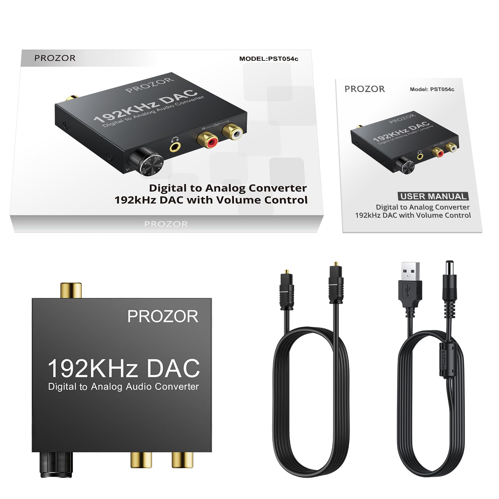 PROZOR 192KHz Digital to Analog Audio Converter - Upgrade Volume Adjustable Optical to RCA Converter with Optical & USB Power Cable, Digital DAC Converter SPDIF TOSLINK to Stereo L/R & 3.5mm Jack