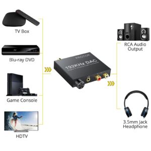 PROZOR 192KHz Digital to Analog Audio Converter - Upgrade Volume Adjustable Optical to RCA Converter with Optical & USB Power Cable, Digital DAC Converter SPDIF TOSLINK to Stereo L/R & 3.5mm Jack