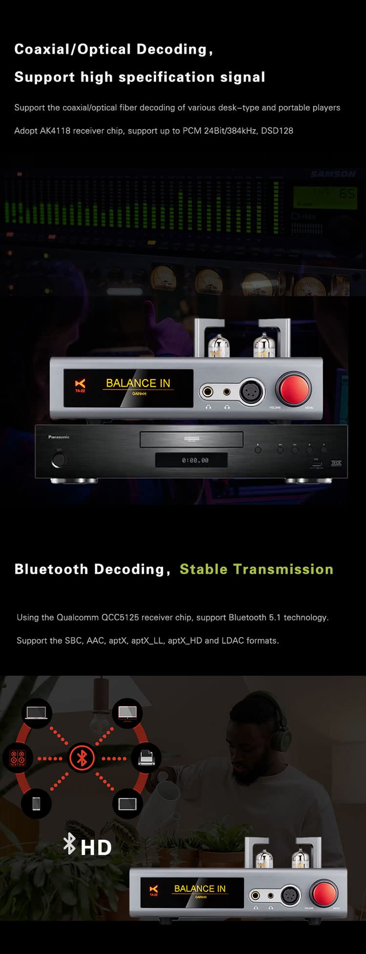 XDUOO TA-22 DAC&Tube Balance Headphone Amplifier ES9038Q2M*2 USB DSD256 32Bit/384kHz HD Bluetooth DAC Amp