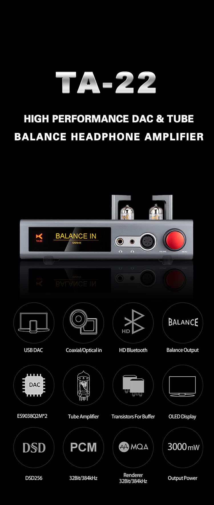 XDUOO TA-22 DAC&Tube Balance Headphone Amplifier ES9038Q2M*2 USB DSD256 32Bit/384kHz HD Bluetooth DAC Amp