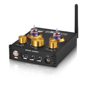 douk audio p1 vacuum tube bluetooth preamplifier, ge5654 audio preamp, hi-fi headphone amp, stereo wireless receiver with usb dac & aptx-hd for home theater amplifier/active speaker