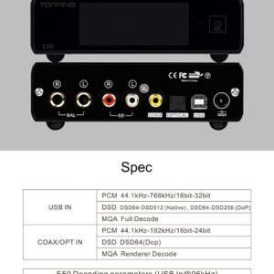 Topping E50 Mini HiFi DAC ES9068AS DSD512 PCM768kHz USB DAC USB/Coax/Opt Inputs RCA/TRS Outputs Decoder for Home Theater Game Music Black