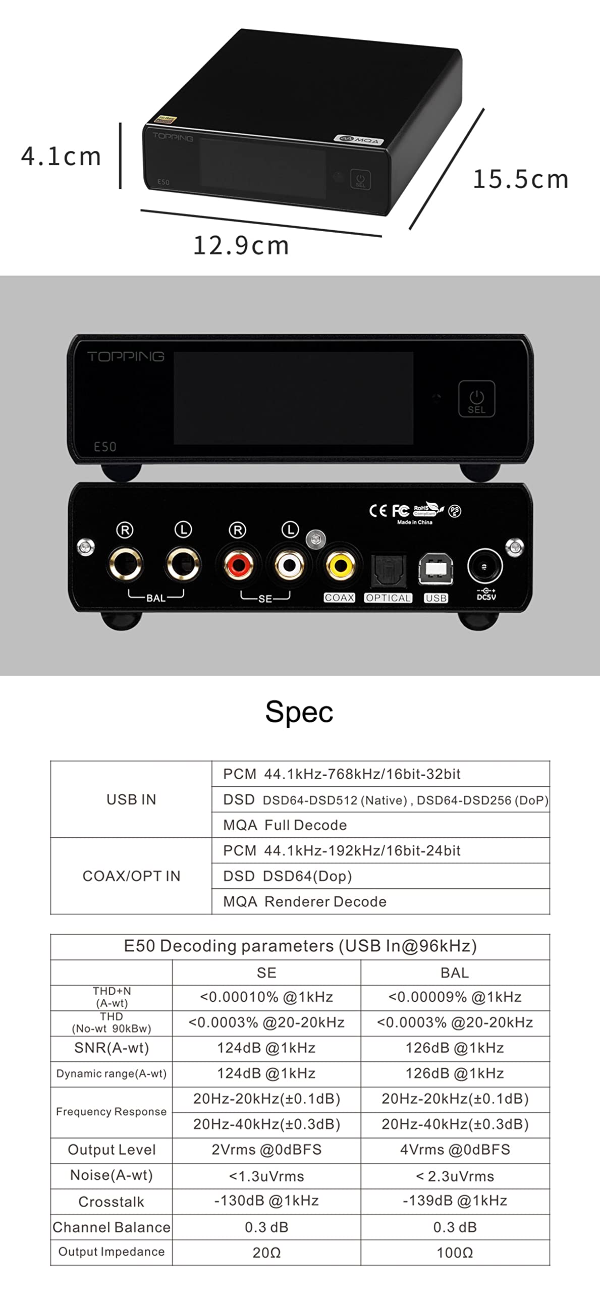 Topping E50 Mini HiFi DAC ES9068AS DSD512 PCM768kHz USB DAC USB/Coax/Opt Inputs RCA/TRS Outputs Decoder for Home Theater Game Music Black