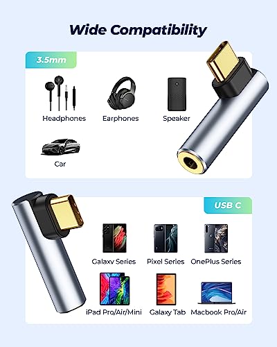 USB C to 3.5mm Audio Adapter, USB Type C to 3.5mm Female Headphone Jack Dongle Aux Adapter DAC Stereo HiFi Right Angle for iPhone 15 Pro Max/15 Pro/15 Plus, iPad Pro Air 5 4, Galaxy S24 Ultra S23