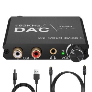 camway 192khz digital to analog audio converter with bass adjustment dac converter volume control toslink coaxial optical to rca and 3.5mm headphone jack anti-interference audio adapter