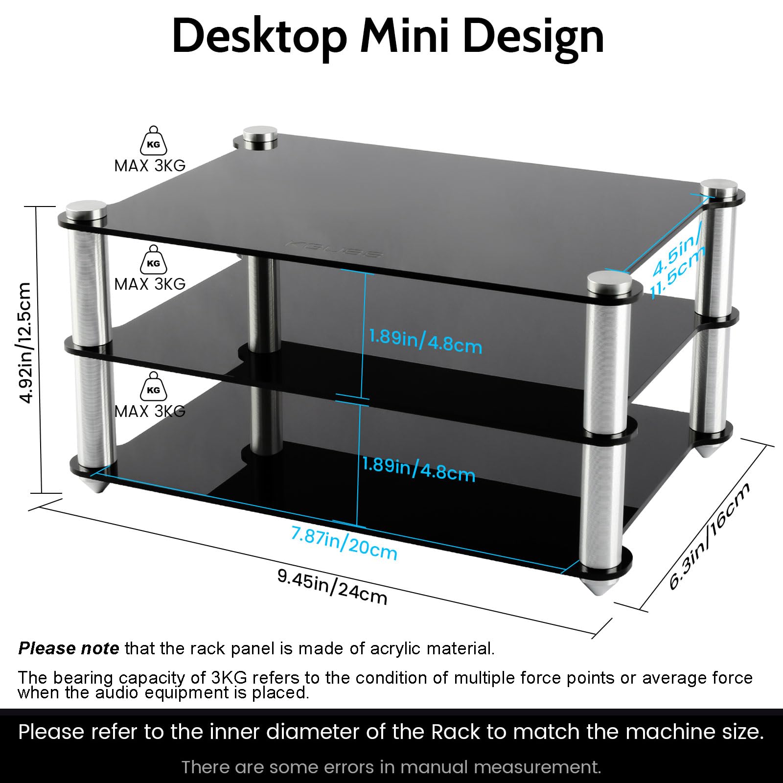 KGUSS Mini Audio Component Rack Black Acrylic 2-Layer Rack Aluminium Holders Small Desktop Rack for HiFi Audio Equipment dac Amplifier Amp (Black)