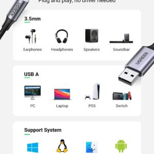 UGREEN USB to 3.5mm Jack Audio Adapter USB Sound Card Support Mic TRRS Headphone DAC 24bit 96kHz Nylon Braided USB to Aux Jack Compatible with Windows Mac Linux PC PS5 PS4 Switch Speaker, 9.8 Inch