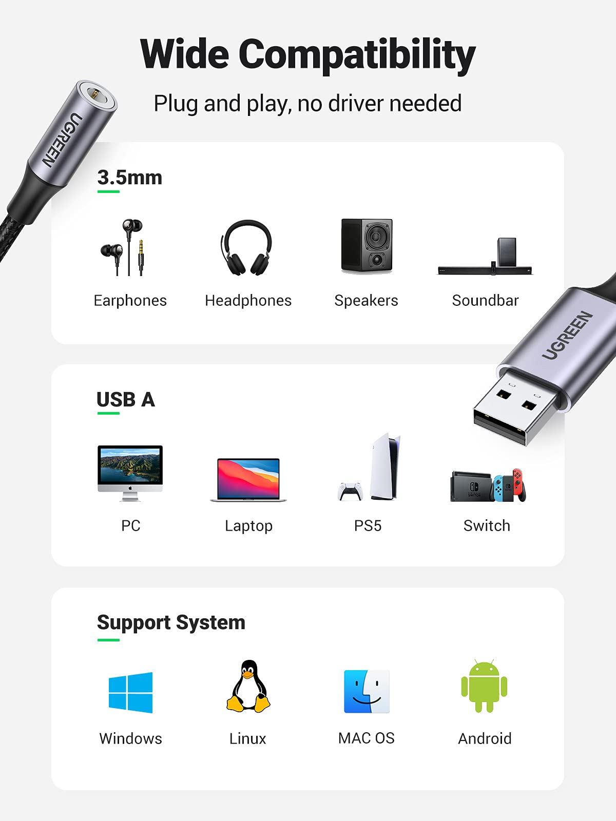 UGREEN USB to 3.5mm Jack Audio Adapter USB Sound Card Support Mic TRRS Headphone DAC 24bit 96kHz Nylon Braided USB to Aux Jack Compatible with Windows Mac Linux PC PS5 PS4 Switch Speaker, 9.8 Inch