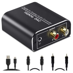 nmeplad 192khz digital to analog audio converter optical to rca dac converter toslink/spdif to analog stereo l/r, 3.5mm jack adapter with optical & coaxial cable for ps3/4 dvd tv headphone