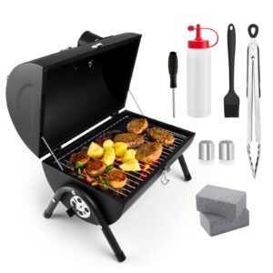 portable charcoal grill set of 9, hasteel small compact bbq grill, mini folding outdoor grill with chimney, tabletop grill & grilling accessories for barbecue camping picnic, screwdriver & thermometer