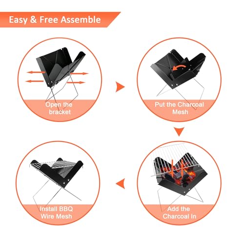 YSSOA 12” Portable Grill Charcoal Barbecue Grill - Folding Grill Notebook Shape Charcoal Grill, Detachable Collapsible, Mini Tabletop Camping Grill BBQ, Black