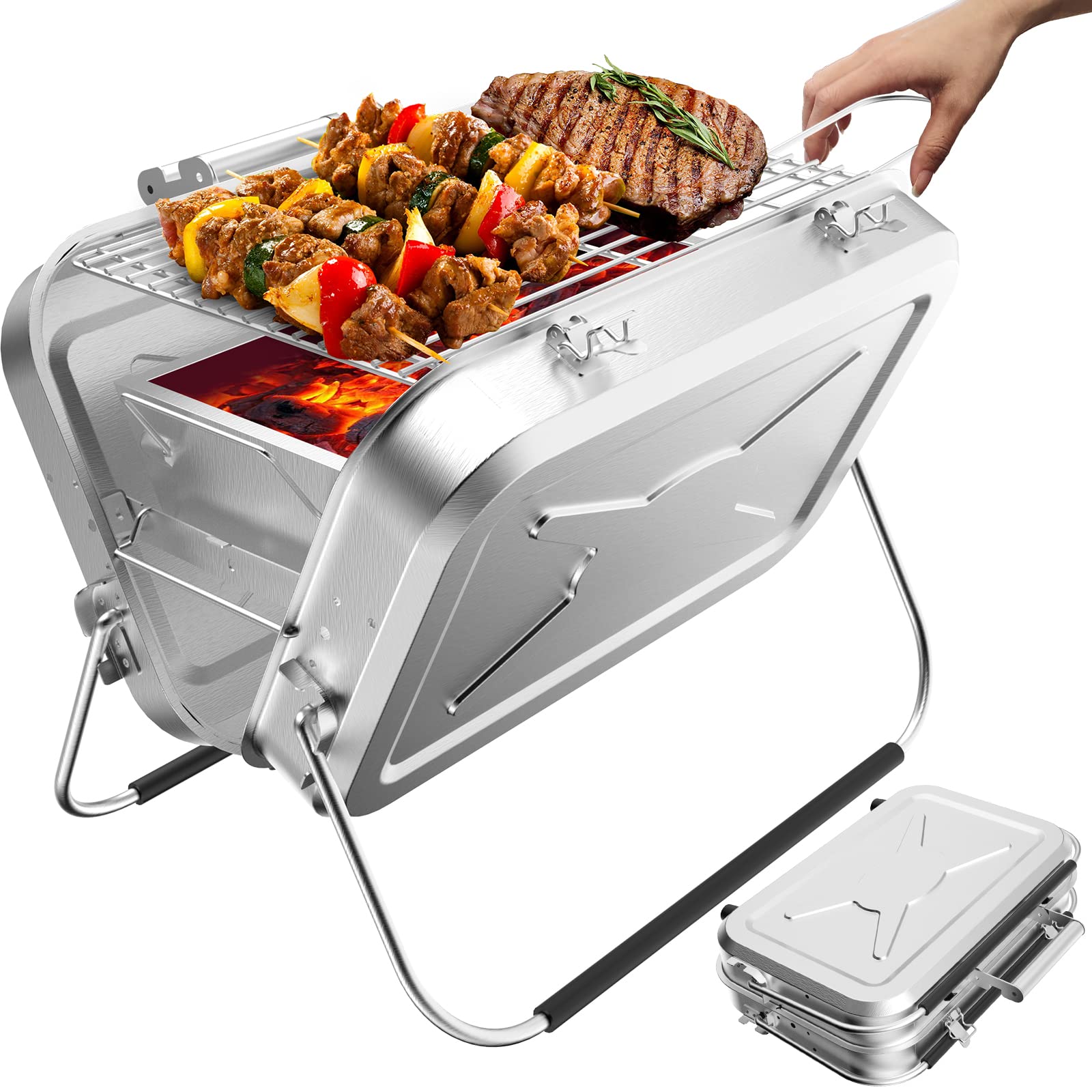 Charcoal Grill COWEKAI Portable Folding Barbecue Grill BBQ Smoker Stainless Steel Durable Tabletop Tool Kits for Outdoor Picnic Patio Backyard Camping Cooking (BK-15.7"L× 12.6"H × 12.4"W)